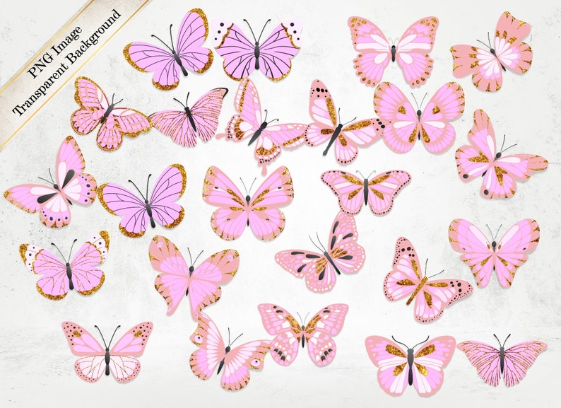 Pink & Gold Glitter Butterfly Clipart: 50 PNG Images (digital Download ...