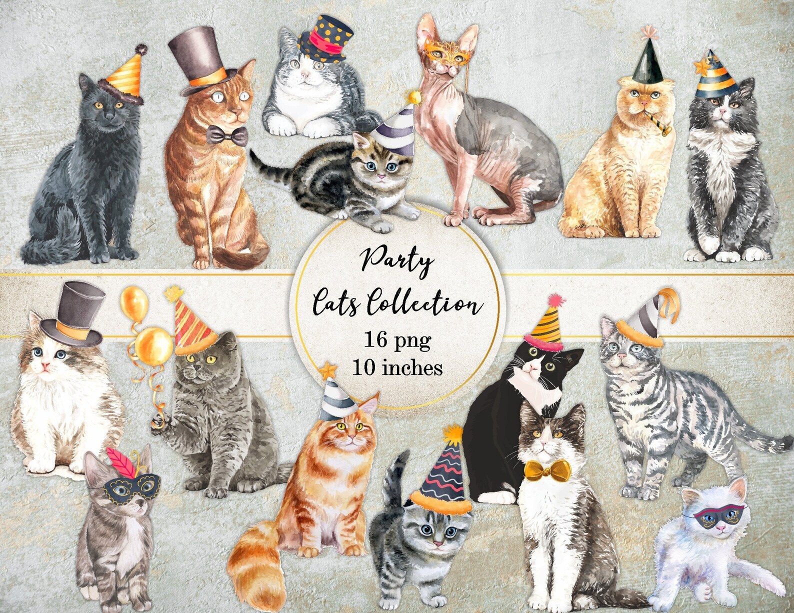 Watercolor Party Cats Collection Party Cat Image Pack | Etsy