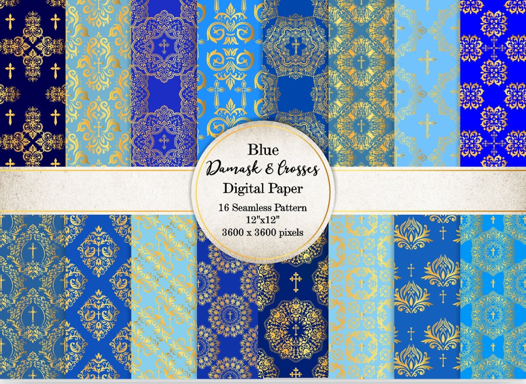 Blue and Gold Damask Style With Crosses Digital Paper, Religious Theme ...