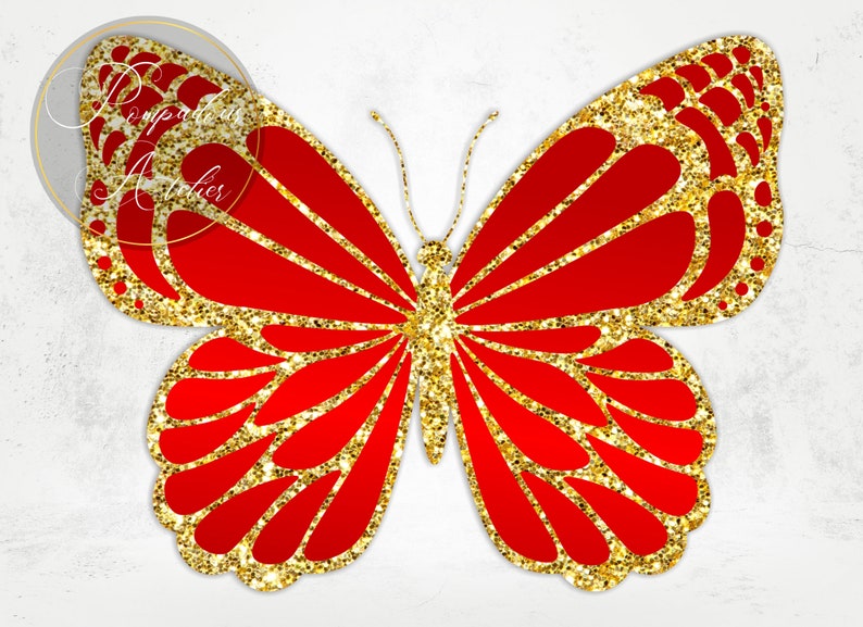 Red and Gold Glitter Butterfly Clipart: Lace & Metallic PNG Bundle ...