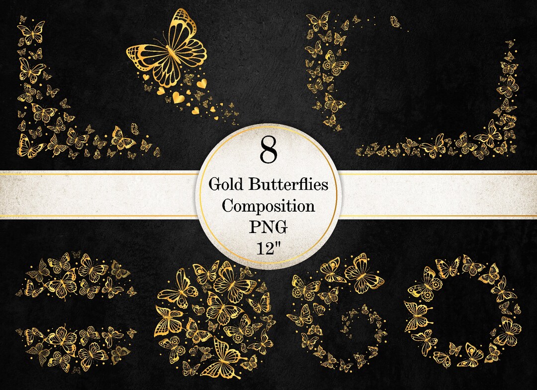Gold Foil Butterfly Clipart: PNG Illustrations, Lace Design (digital ...