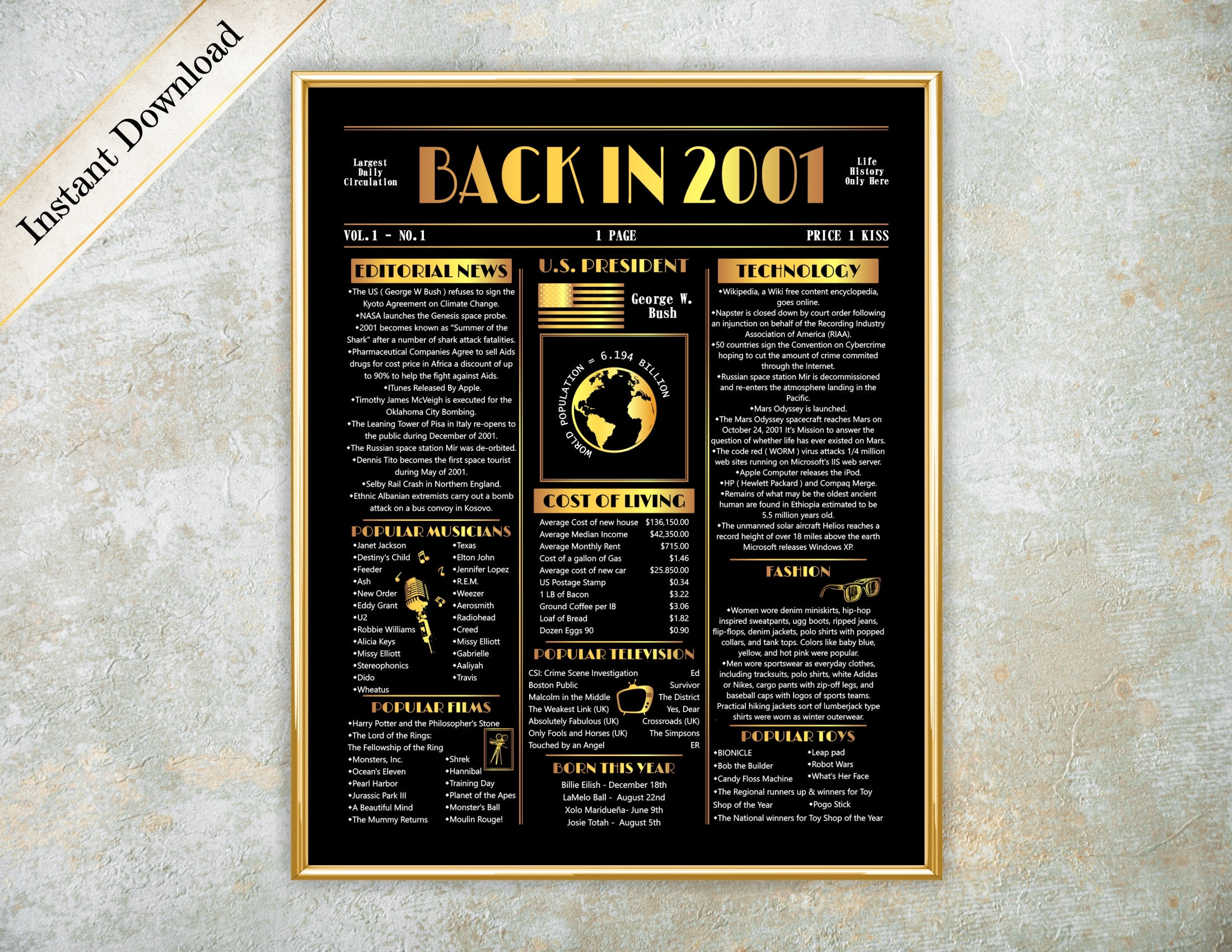 Back in 2001 Newspaper Poster White/ Black and Gold Printable - Etsy