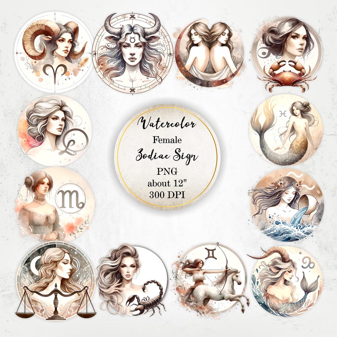 Watercolor Signs of the Zodiac Clipart Bundle, Female Zodiac PNG Images ...