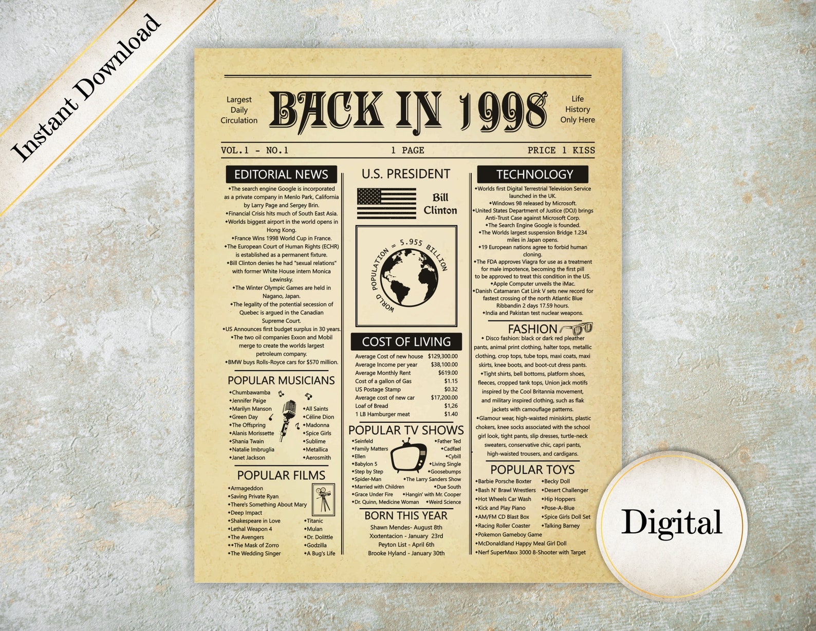 Back in 1998 Born in 1998 Poster Retro Style Poster 1998 - Etsy