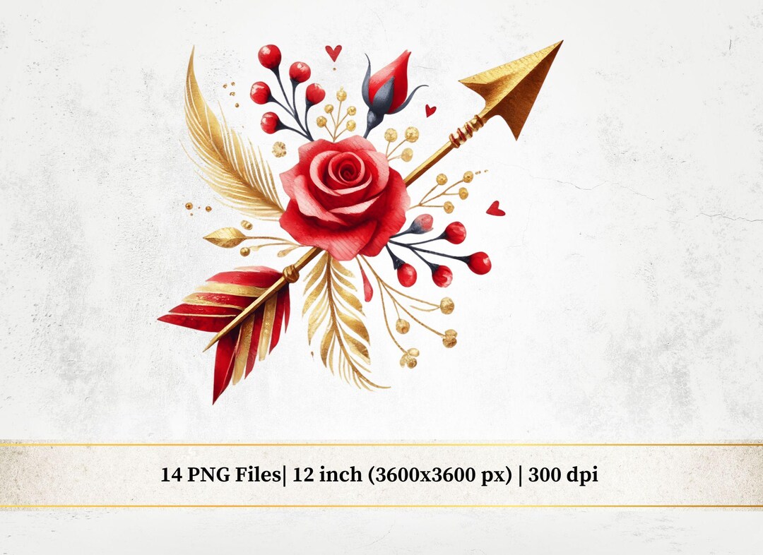 Watercolor Valentine Arrows Clipart: Red and Gold PNG (digital Download ...