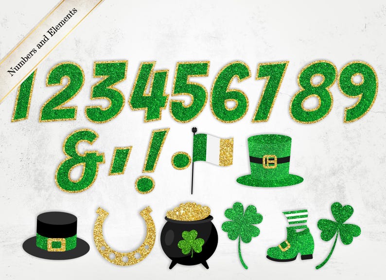 Green and Gold Glitter Alphabet Clipart, St Patricks Day Digital ...