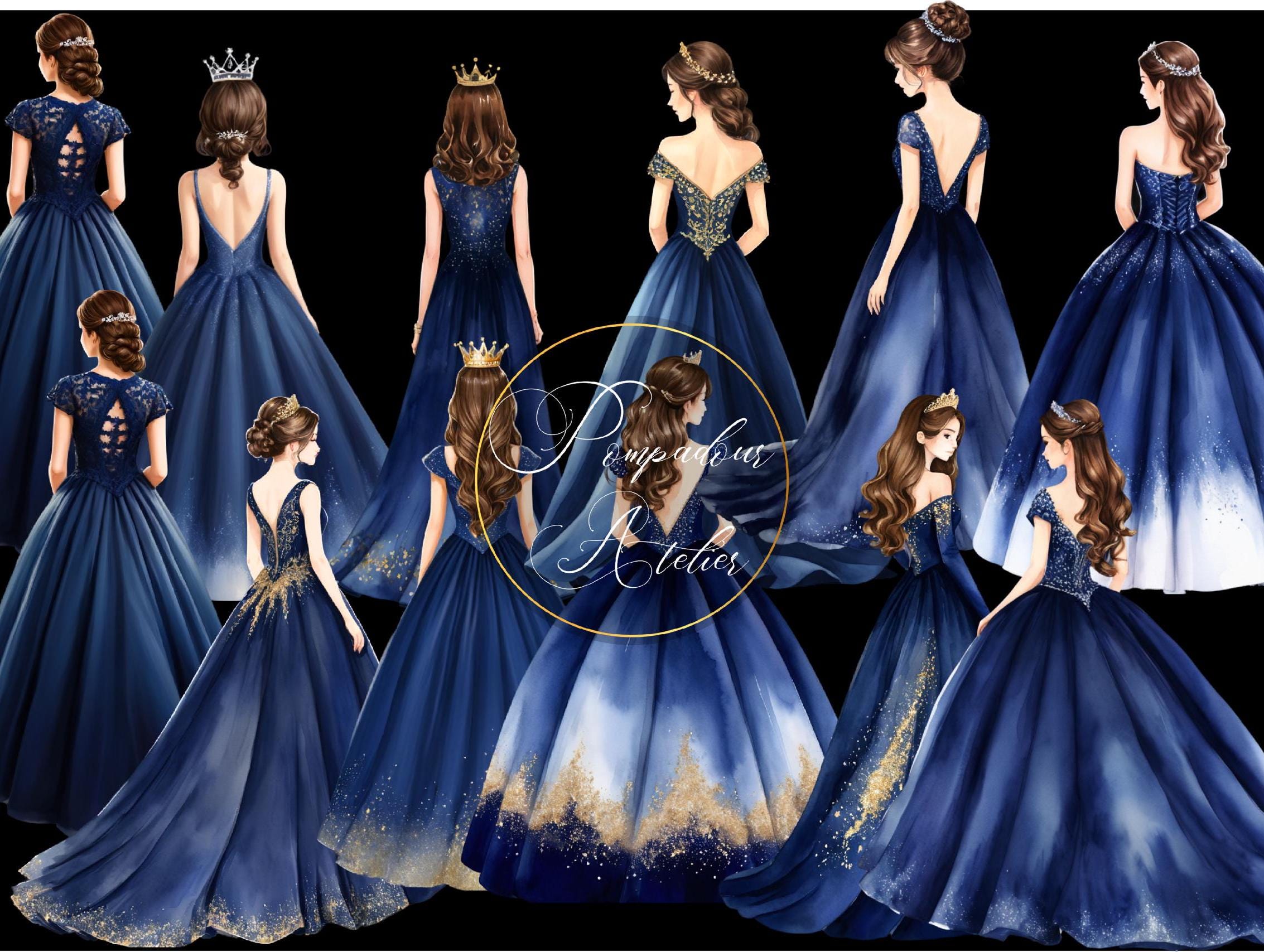 Navy Blue Princess Clipart: Watercolor Bridesmaid Dresses (PNG Files ...