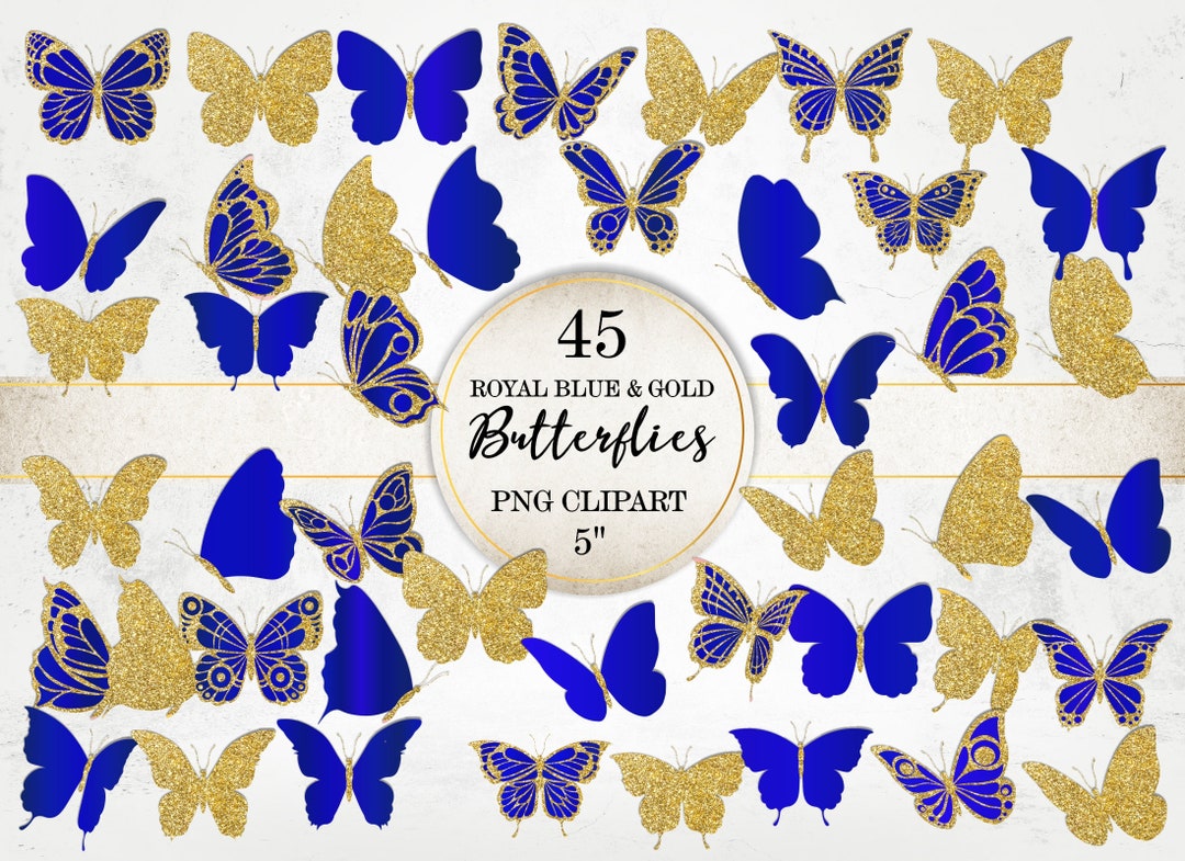 Royal Blue & Gold Glitter Butterfly Clipart: PNG Image Bundle (digital ...