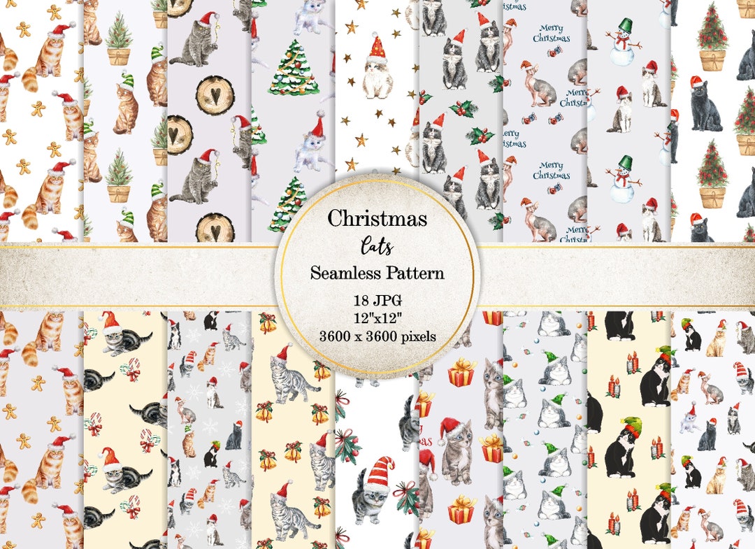 Christmas Cats Digital Paper Pack, Merry Christmas Seamless Pattern ...