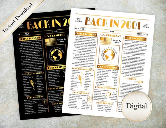 Back in 2001 Newspaper Poster White/ Black and Gold Printable | Etsy