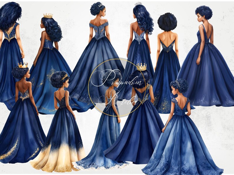 Navy Blue Princess Clipart: Watercolor Bridesmaid Dresses (PNG Files ...