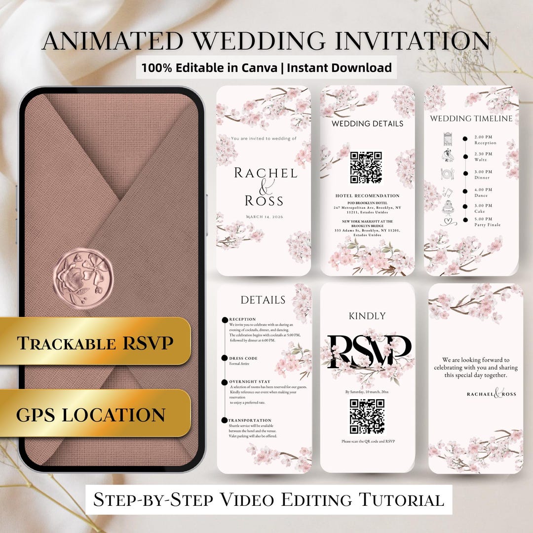 Cherry Blossom Animated Wedding Invitation | Editable Canva Invite With ...