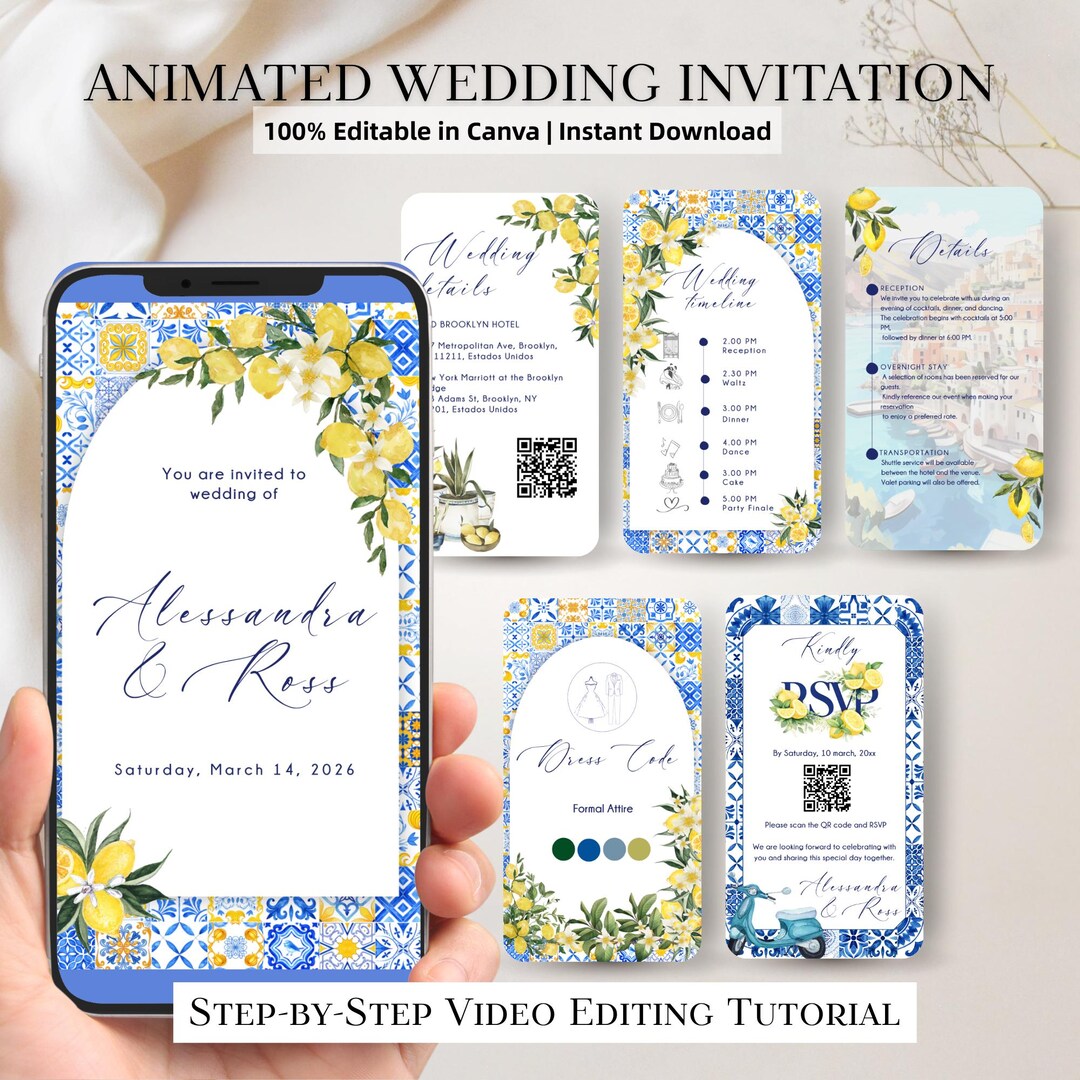 Amalfi Lemon Animated Wedding Invitation | Editable Canva Video ...