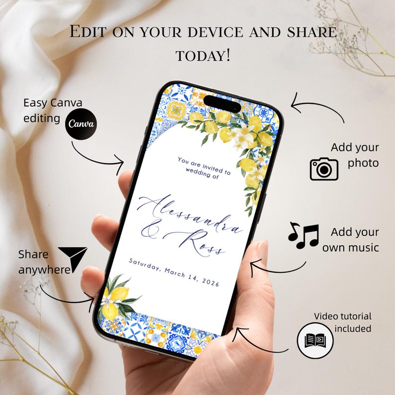 Amalfi Lemon Animated Wedding Invitation | Editable Canva Video ...