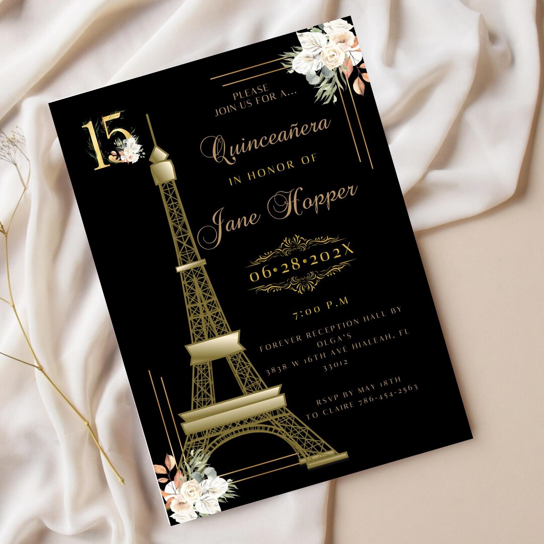 Paris Quinceanera Invitation | Black and Gold, Eiffel Tower (digital ...