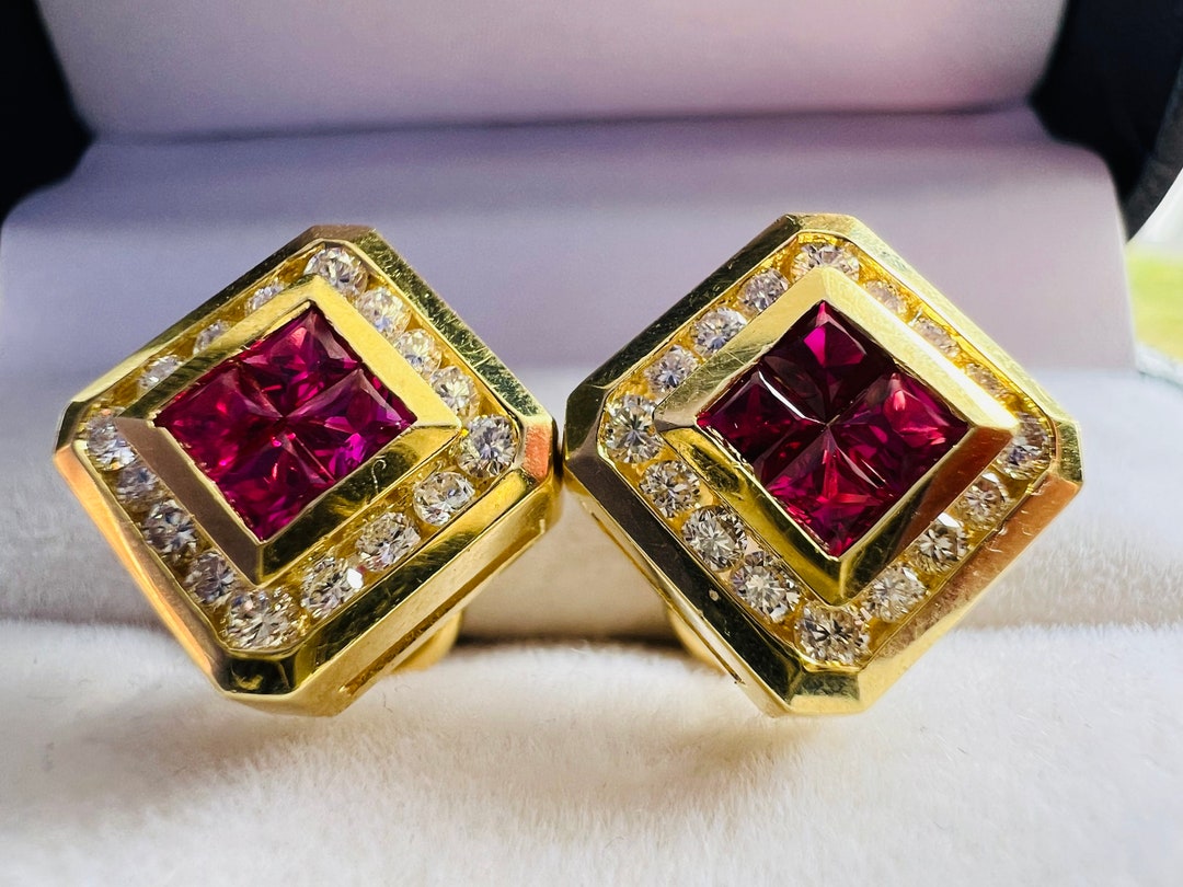 Vintage 18k Yellow Gold Invisible Set Ruby and Diamond Statement ...