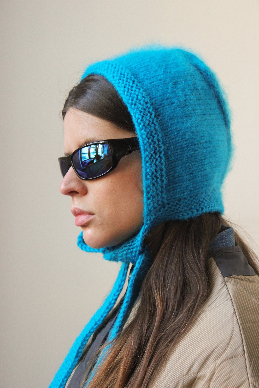 Hand - Knitted Adult Bow Tie Mohair Bonnet in Azure Blue - Etsy