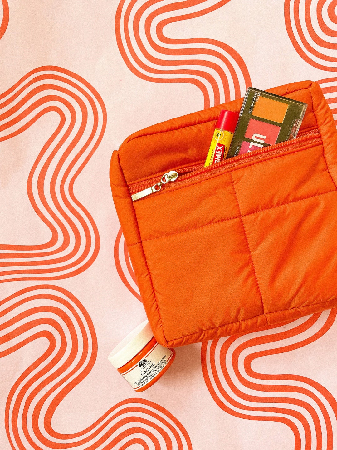 Pillow Puffer Vanity Bag in Orange, Quilted Vanity Bag, Zipper Cosmetic ...