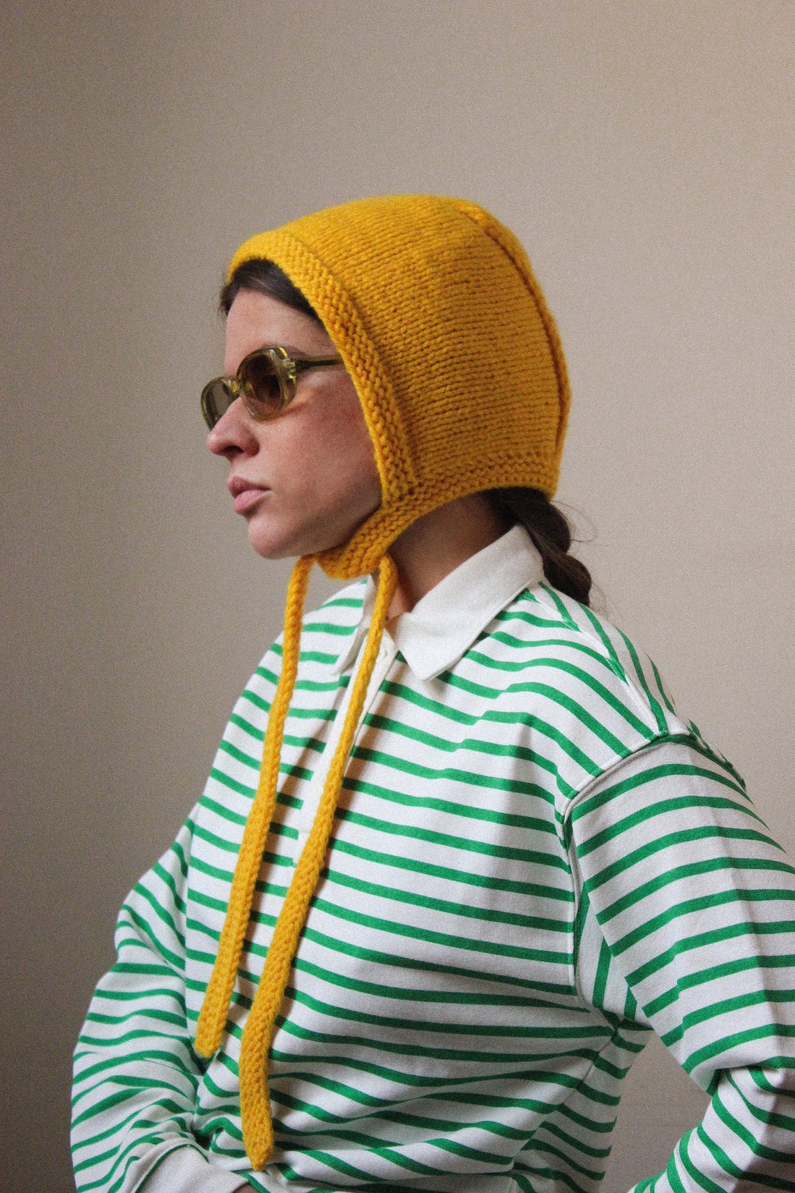 Hand-knitted Adult Bow Tie Bonnet Hat in Yellow - Etsy