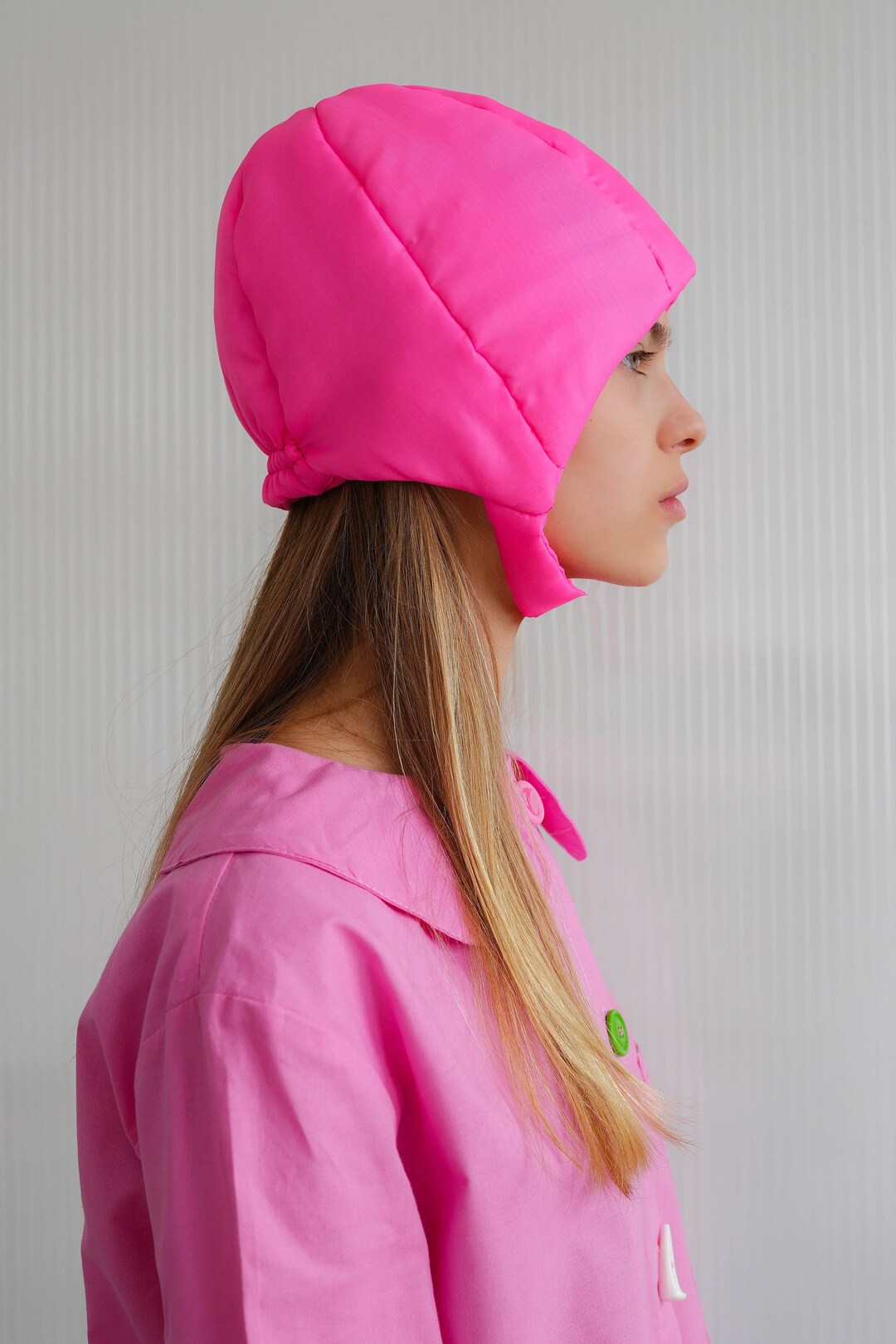 Pillow Puffer Quilted Aviator Helmet Cap Bonnet on a Button in Hot Pink ...