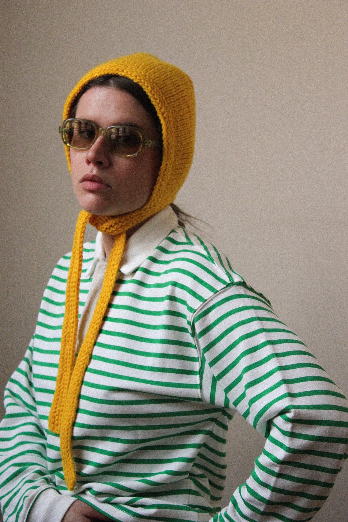 Hand-knitted Adult Bow Tie Bonnet Hat in Yellow - Etsy