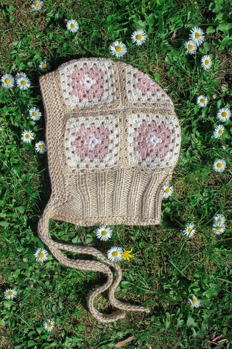 Patchwork Granny Square Adult Crochet Bow Tie Bonnet in Beige ...