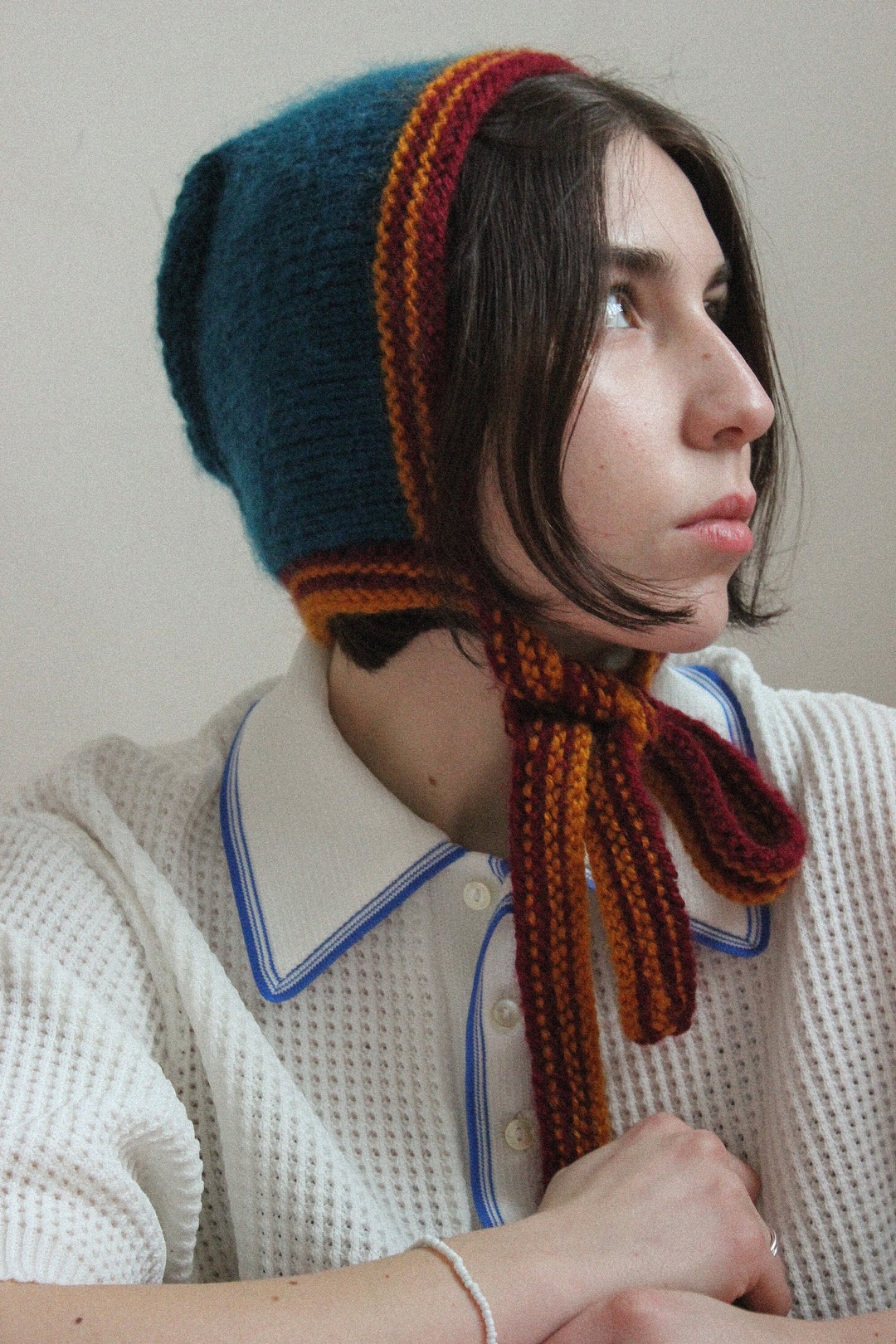 Hand-knitted Adult Bow Tie Bonnet Hat in Dull Multicolor - Etsy