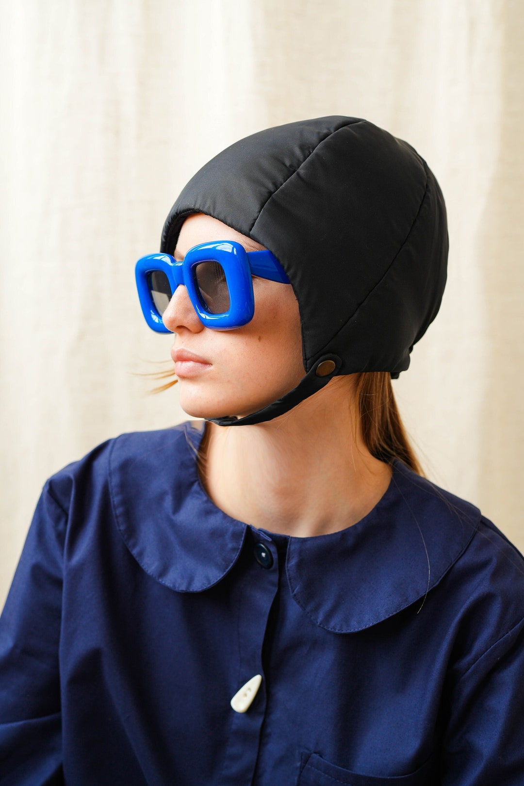 Pillow Puffer Quilted Aviator Helmet Cap Bonnet on a Button in Black - Etsy