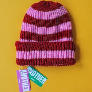 Stripped Beanie Hat in Red and Pink - Etsy