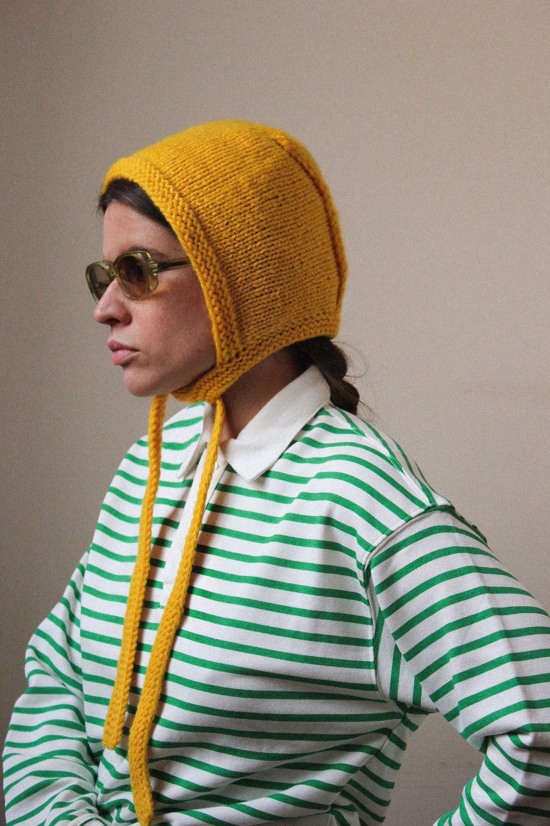 Hand-knitted Adult Bow Tie Bonnet Hat in Yellow - Etsy