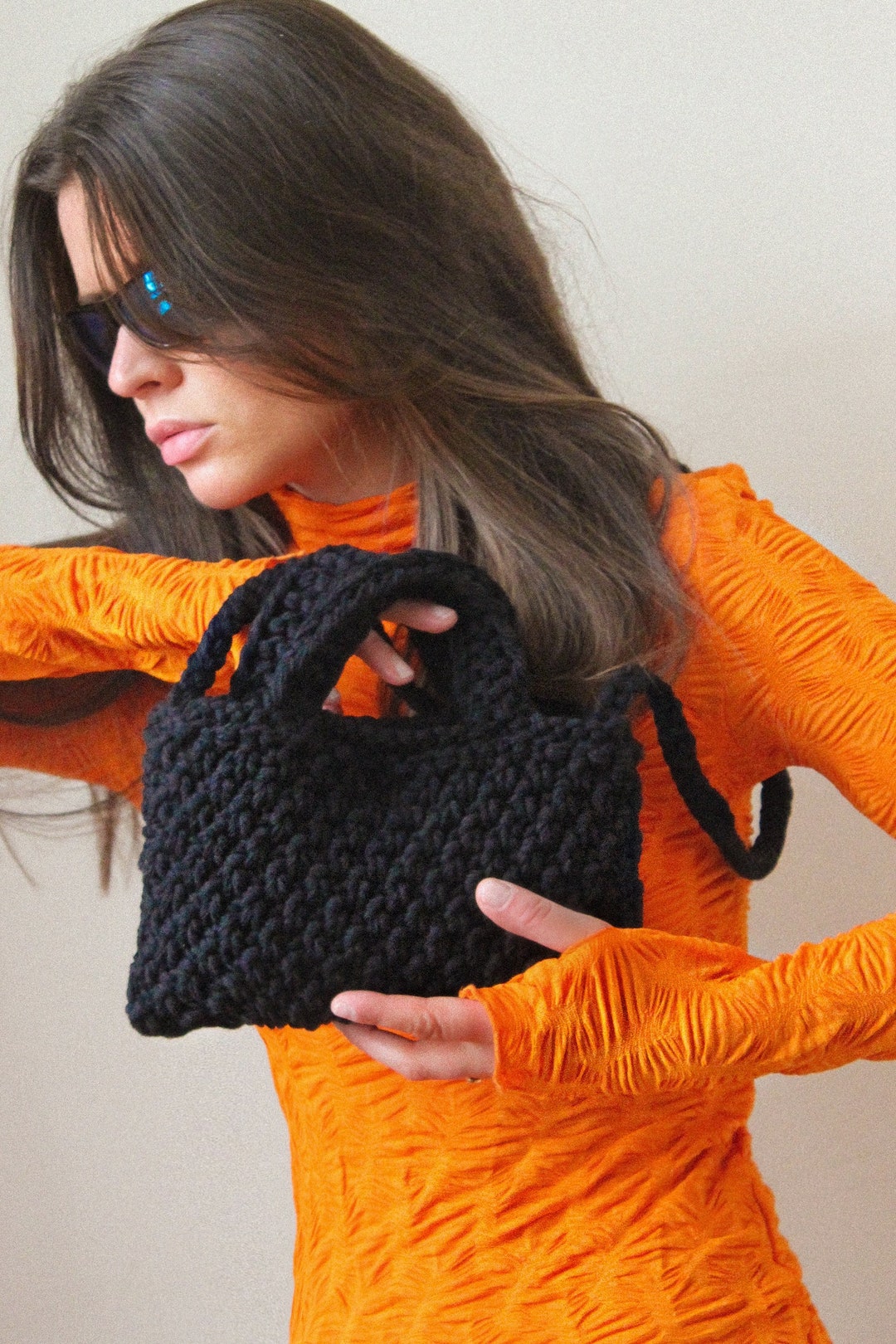 Сoarse Knitted Crossbody Tote Bag in Black , Tote Bag - Etsy
