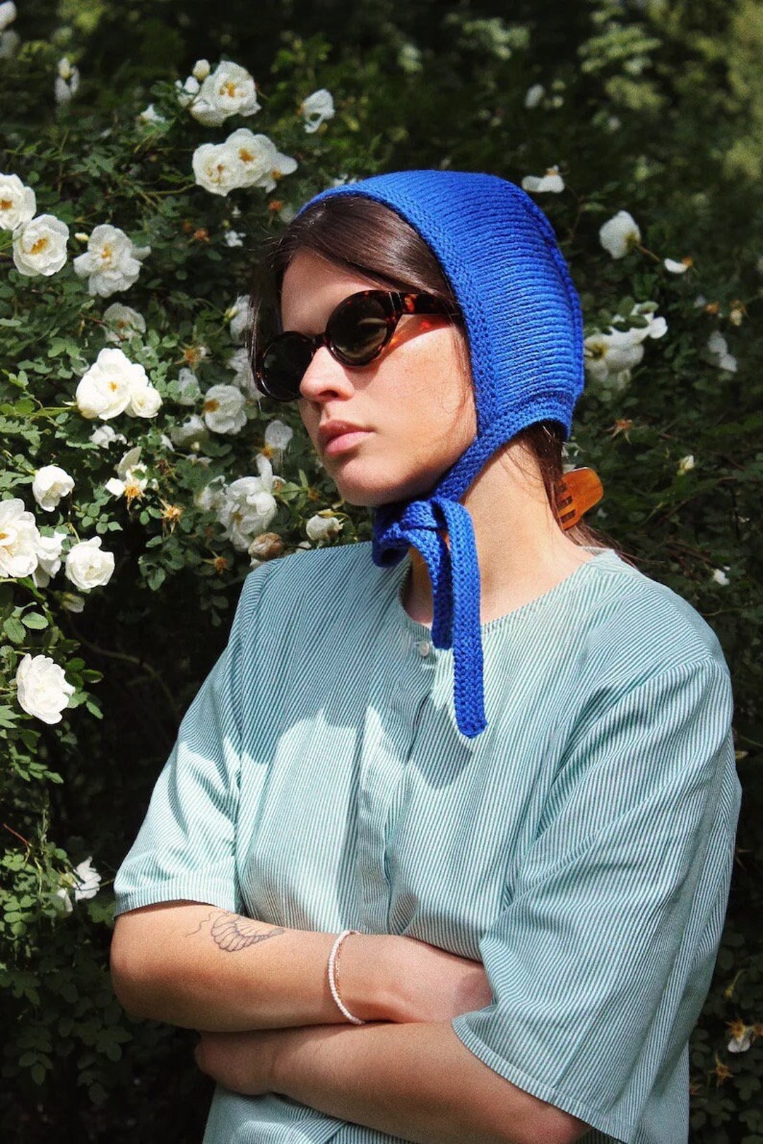 Hand-knitted Adult Bow Tie Bonnet Hat in Blue - Etsy