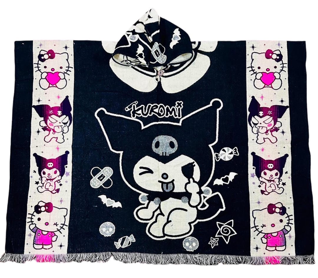Cute Kuromi Poncho, Anime Hooded Poncho, Black and Pink Cape, Very Warm ...