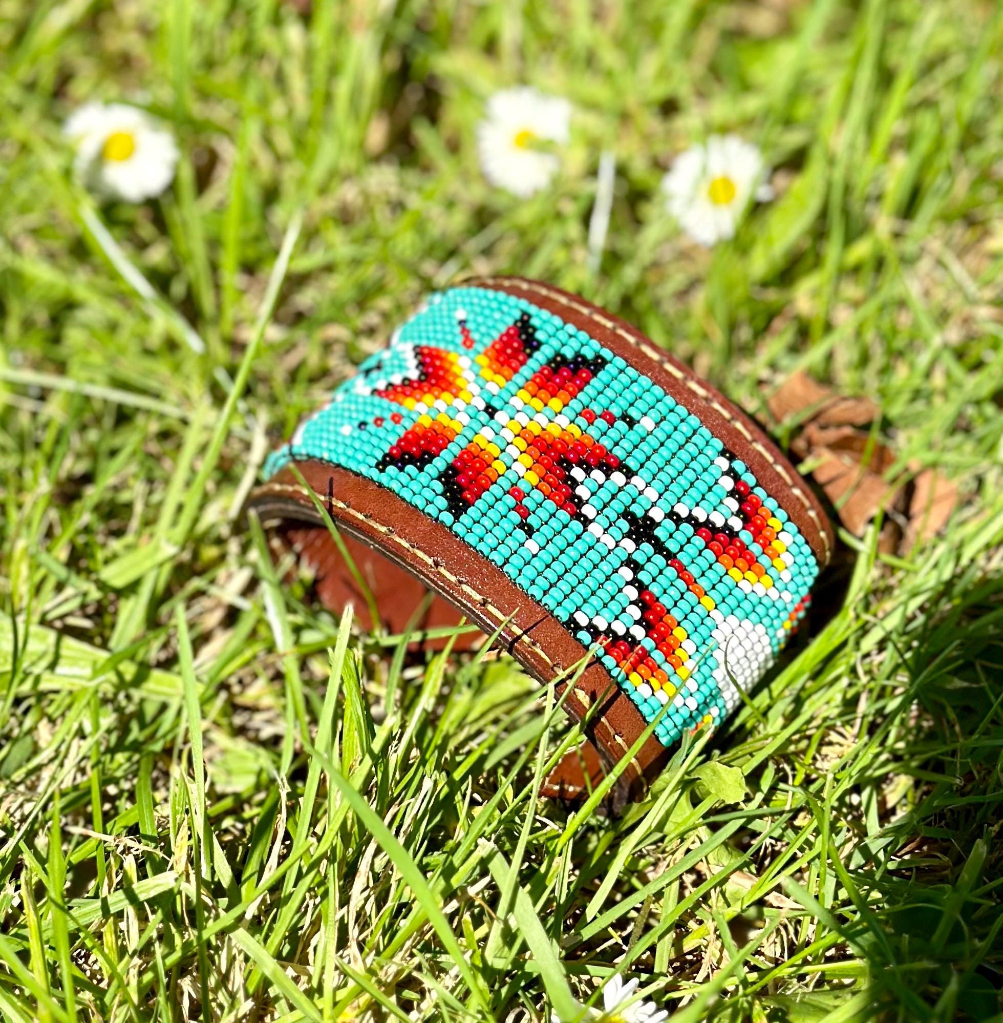 Handmade Beaded Leather Cuff, Open Leather Cuff, Beaded Hand Cuff ...
