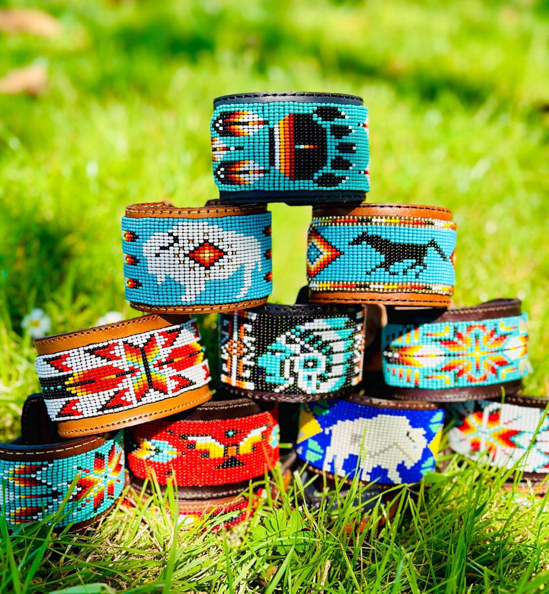 Handmade Beaded Leather Cuff, Open Leather Cuff, Beaded Hand Cuff ...