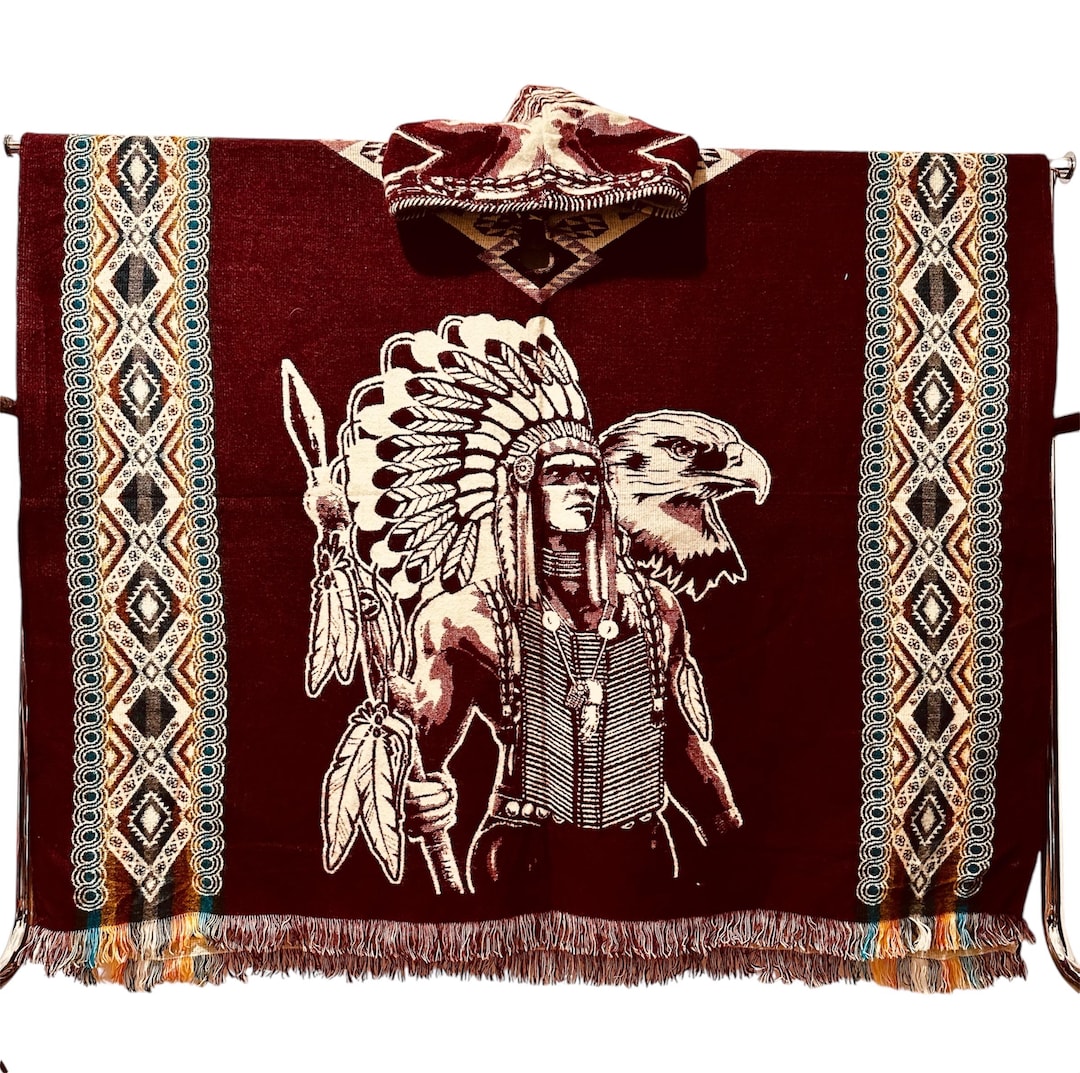 Chief Eagle Poncho, Burgundy Native Poncho, One of a Kind Handmade ...