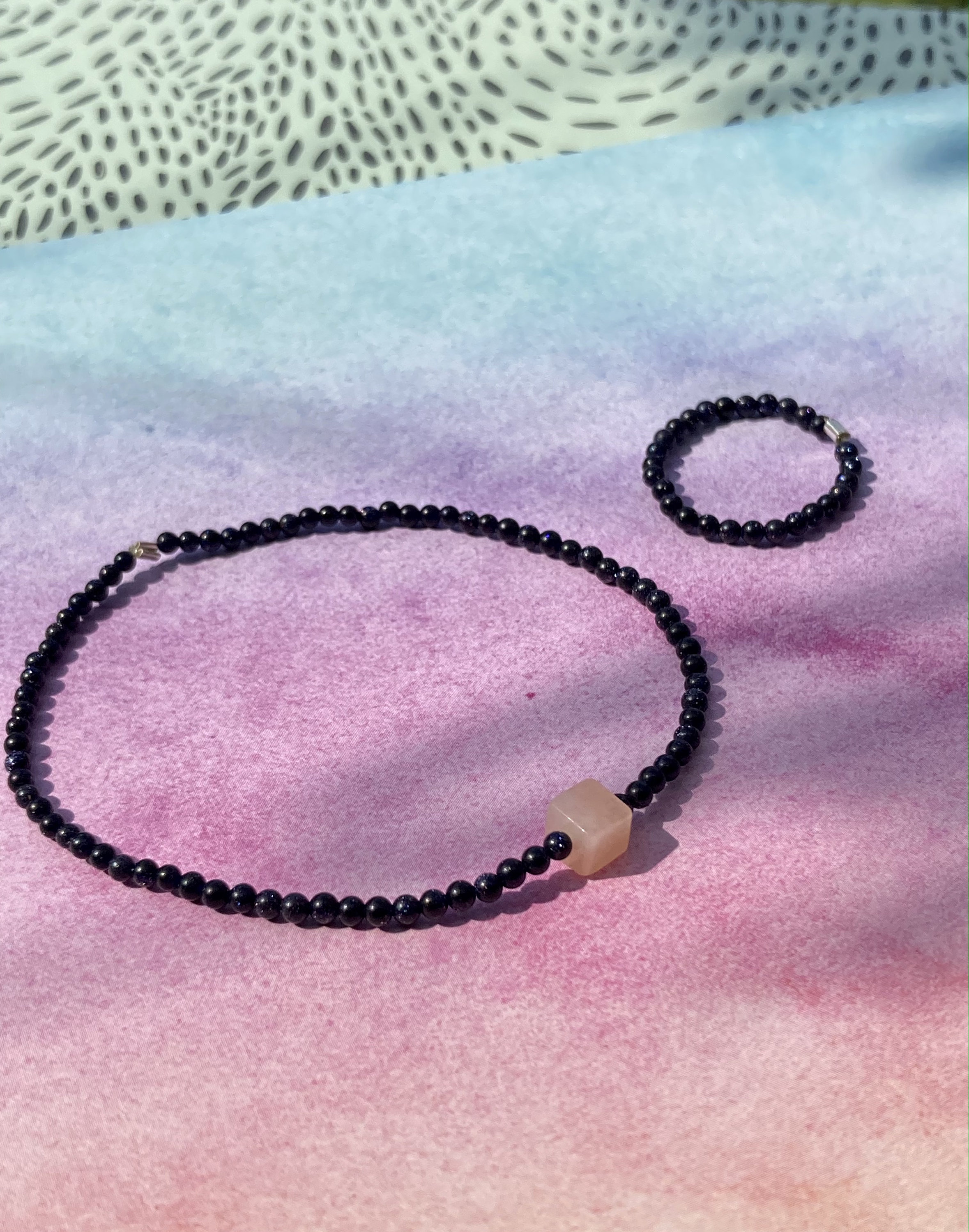 Set of Elastic Bracelet and Ring from Shiny Goldstone and Pink | Etsy