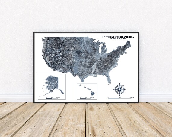 United States Hydrological Map Blue Map of US Rivers and | Etsy