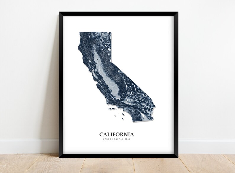 California Hydrological Map Poster (blue) - Etsy