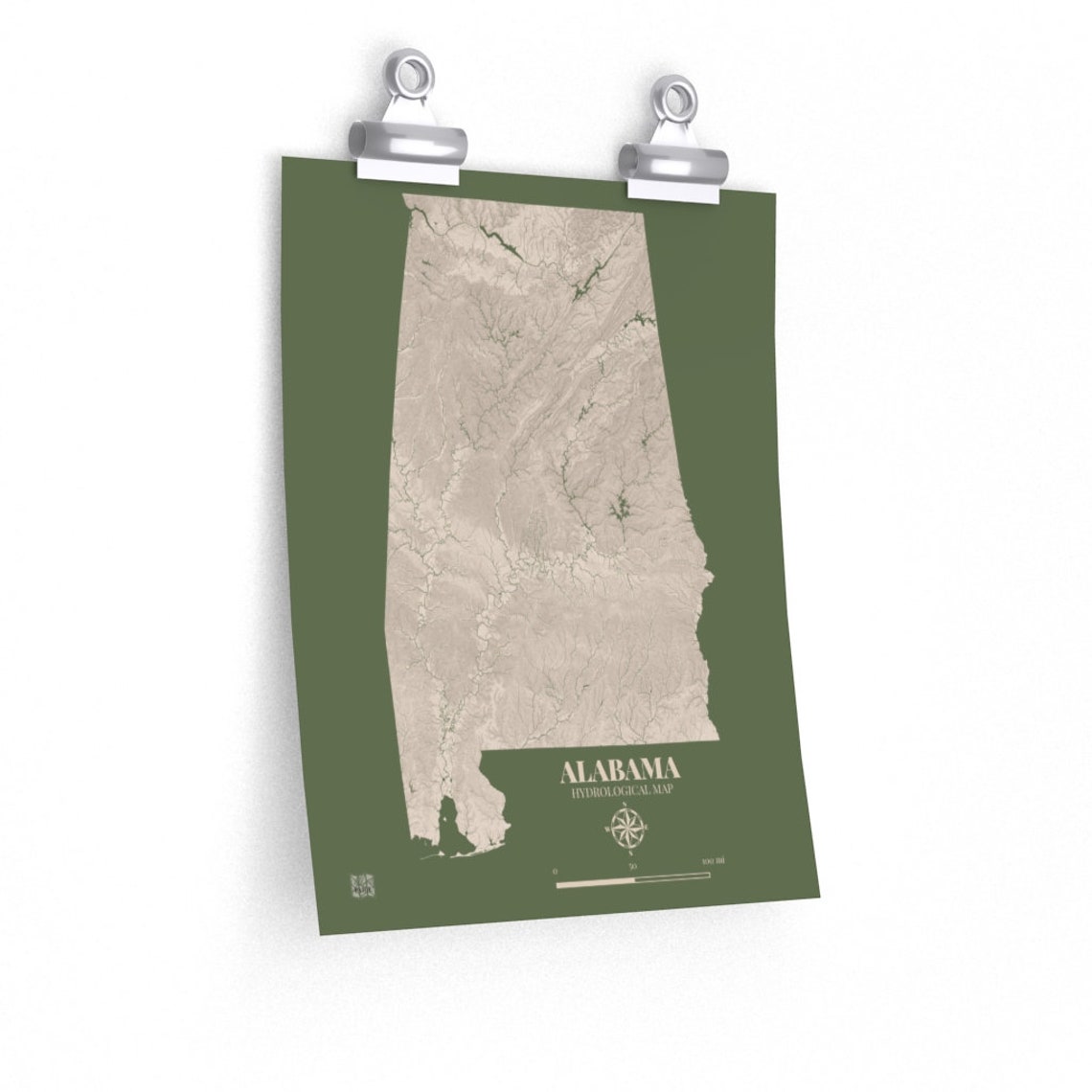 Alabama Hydrological Map Green Poster | Etsy