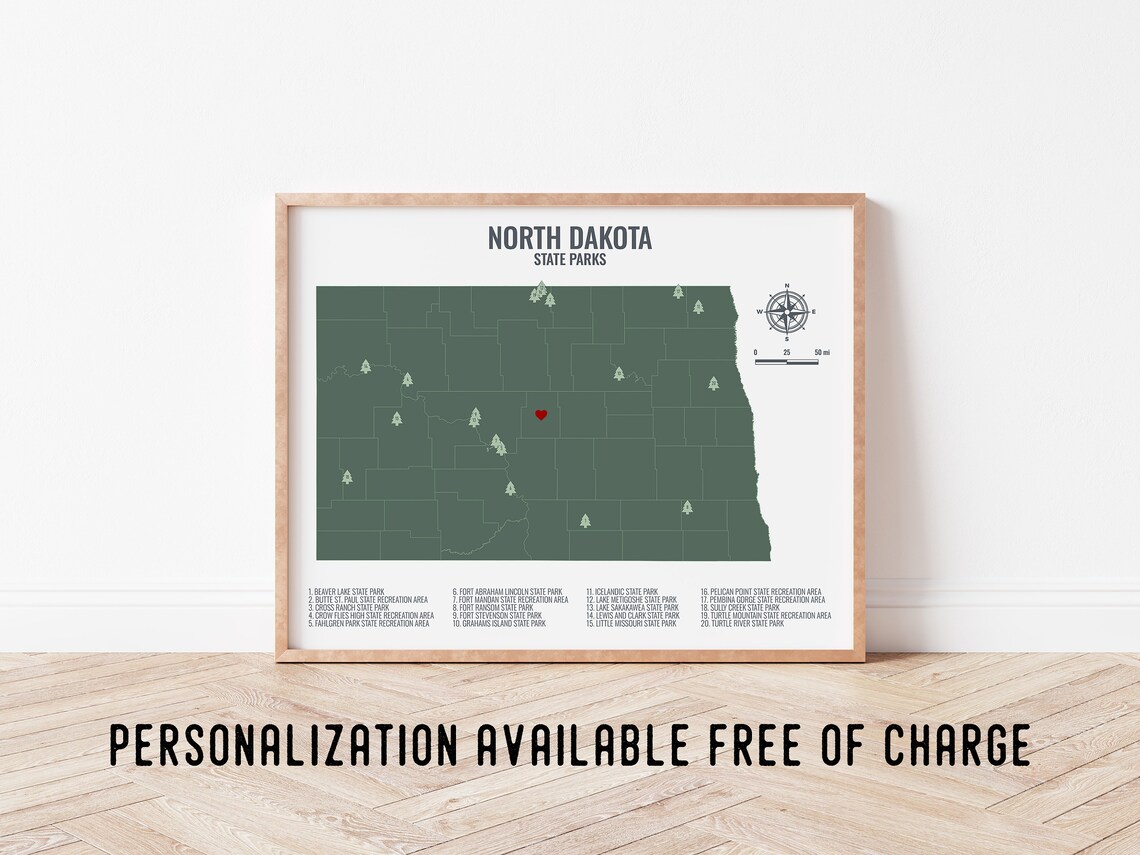 North Dakota State Parks Map Gift | Etsy