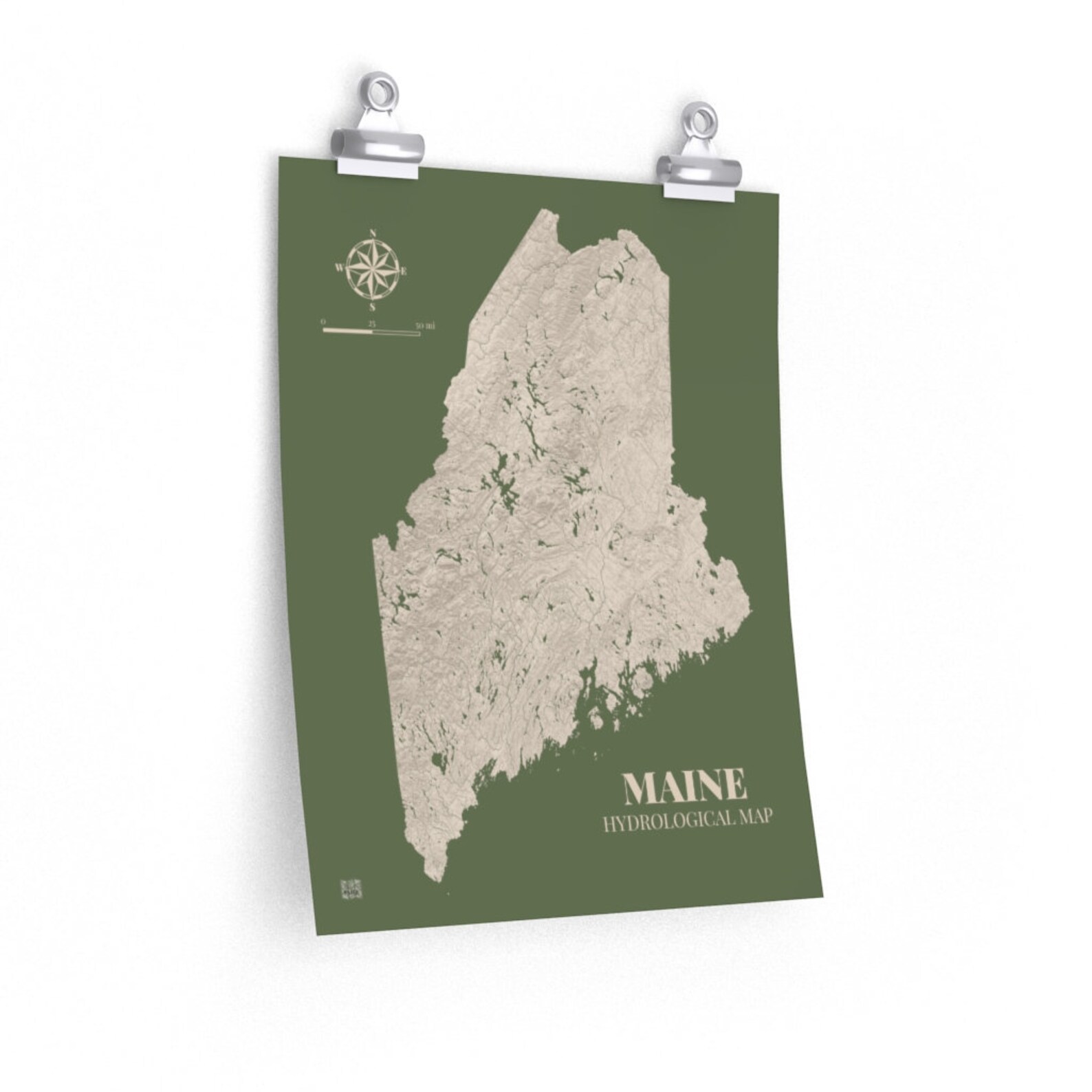Maine Hydrological Map Poster Green | Etsy
