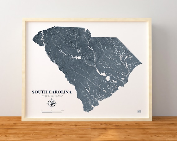 South Carolina Hydrological Map Poster Blue | Etsy