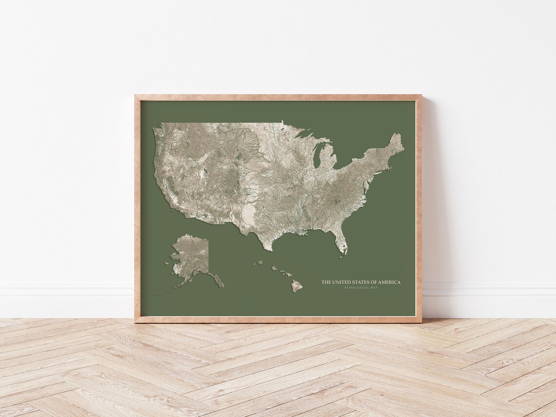 United States Hydrological Map green Map of US Rivers and - Etsy