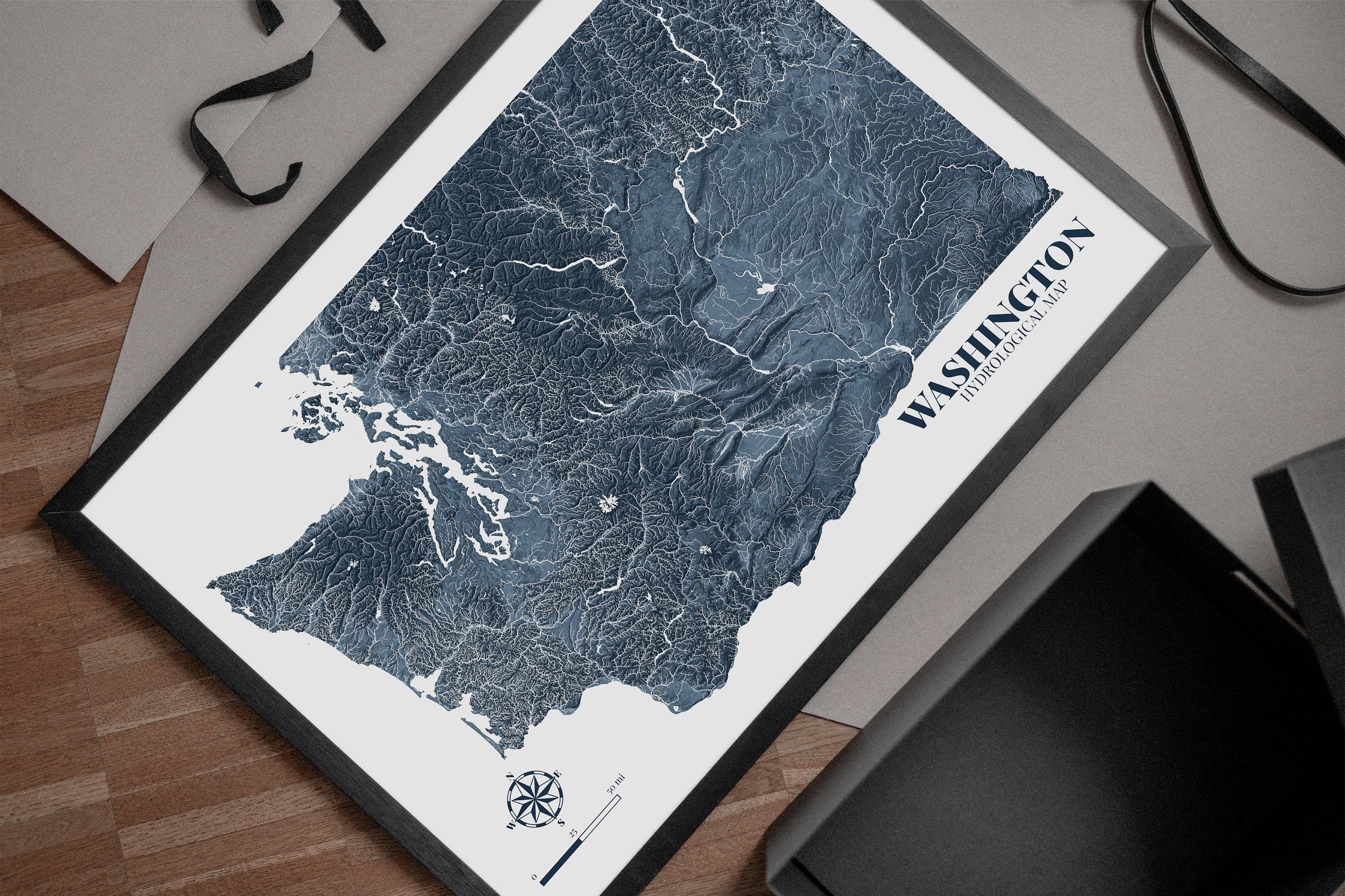 Washington State Hydrological Map Poster Blue | Etsy