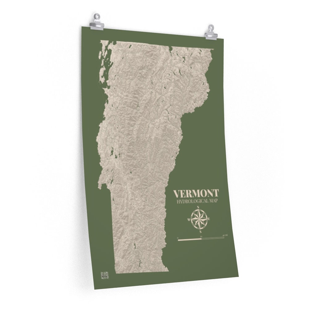 Vermont Hydrological Map Poster Green | Etsy