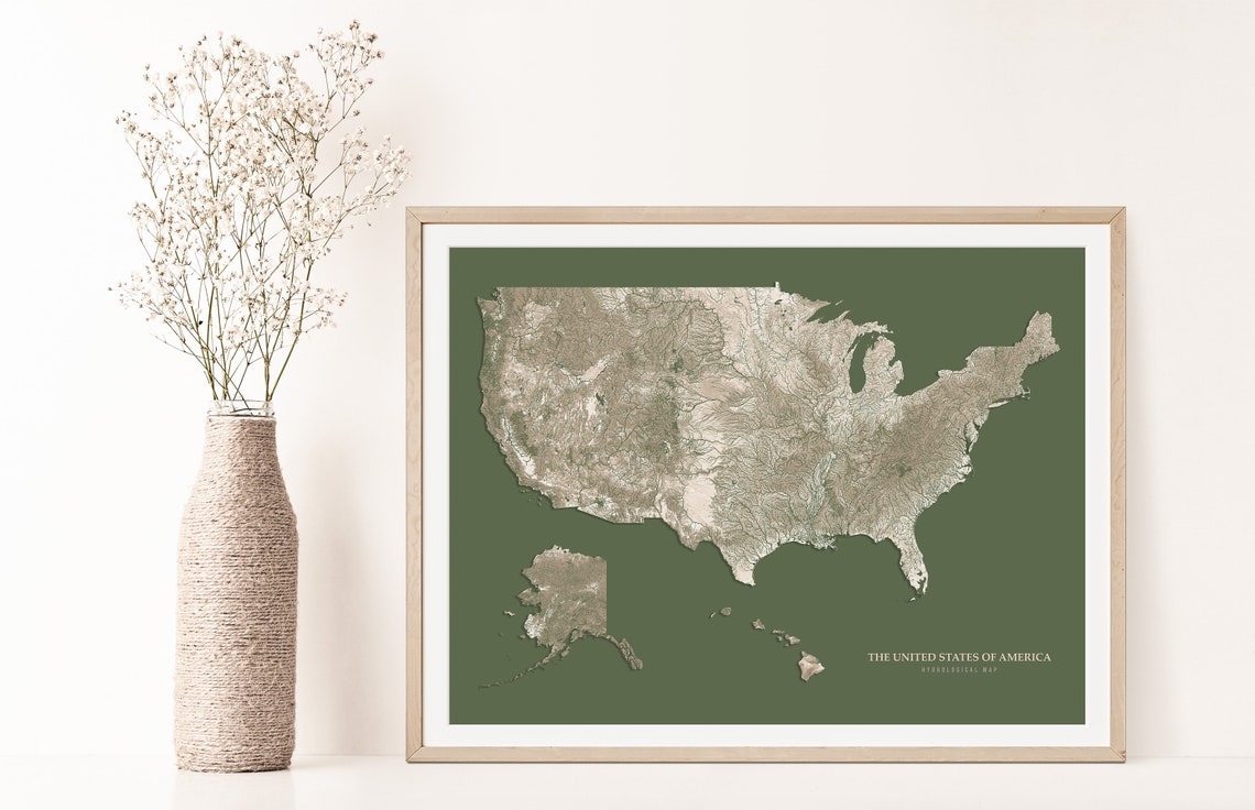 United States Hydrological Map green Map of US Rivers and | Etsy