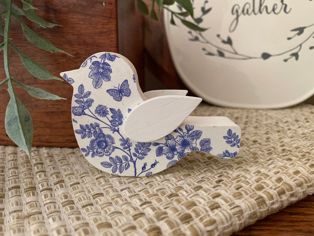Small Bird | Blue and White Floral | Wood Decor - Etsy