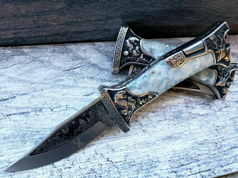 Pearl Marble Handle Engraved Blade Folding Pocket Knife 9" Original ...