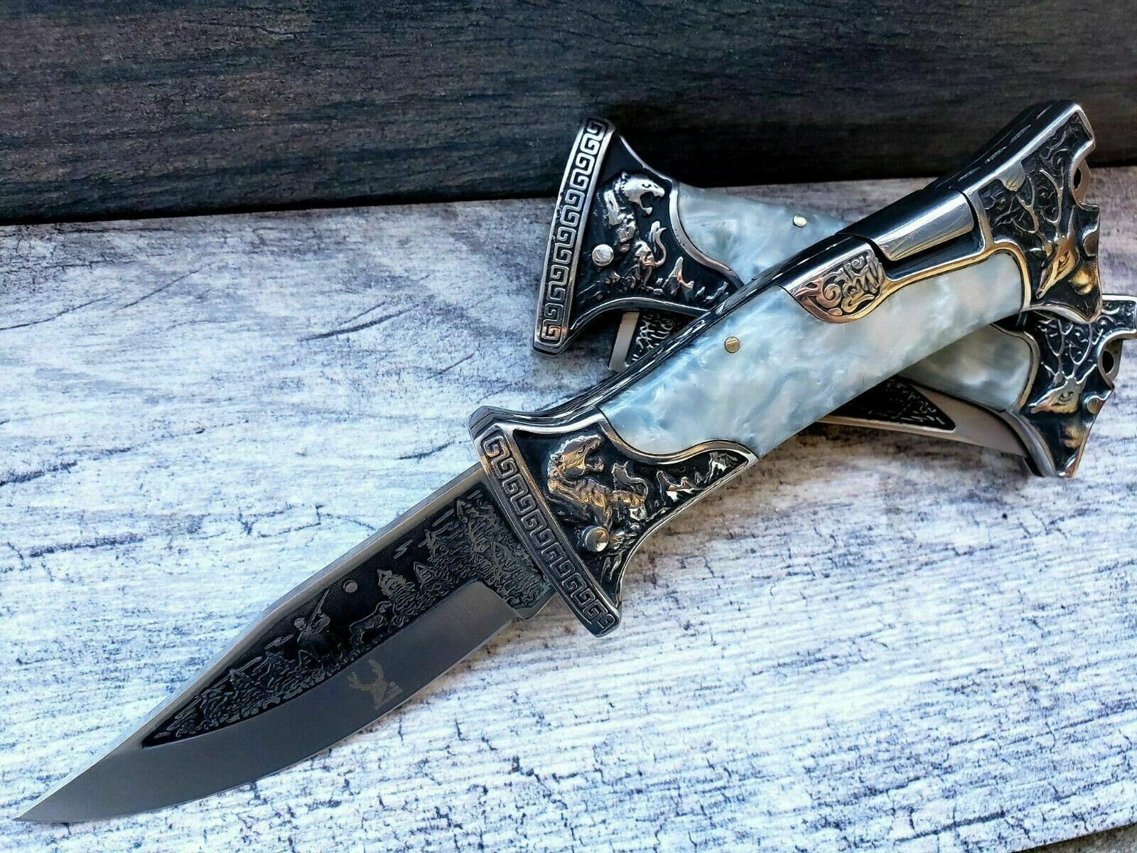 Pearl Marble Handle Engraved Blade Folding Pocket Knife 9" Original ...